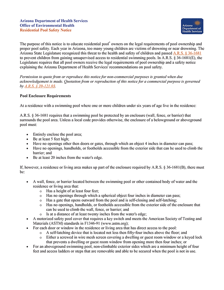 Arizona Residential Pool Safety Notice | EZ Landlord Forms