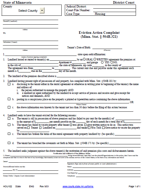 Minnesota Eviction Action Complaint | EZ Landlord Forms